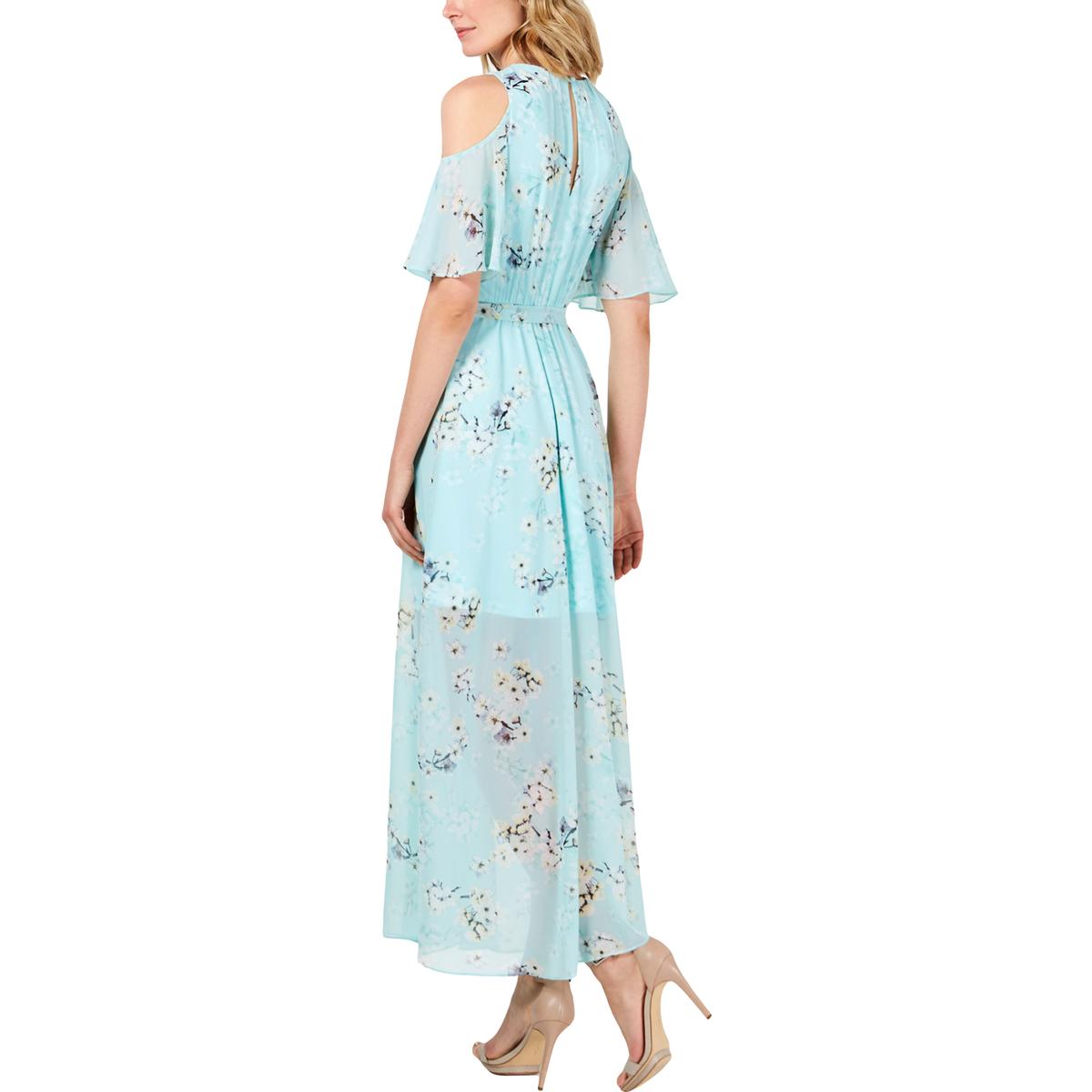 Calvin Klein Womens Blue Floral Cold Shoulder Jewel Neck Maxi Dress 12