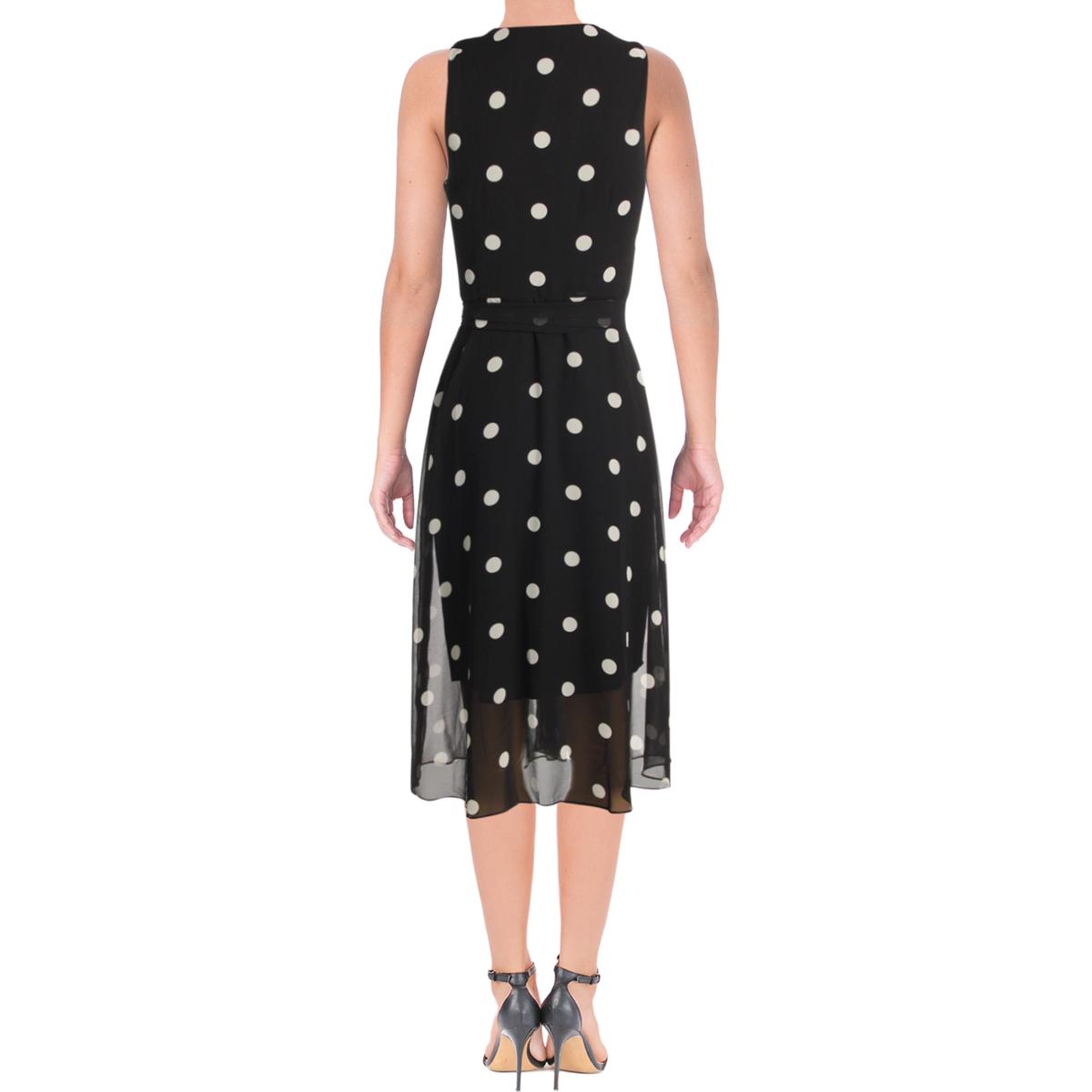 Anne Klein Womens B W Sleeveless Polka Dot Cocktail Midi Dress 12 Bhfo