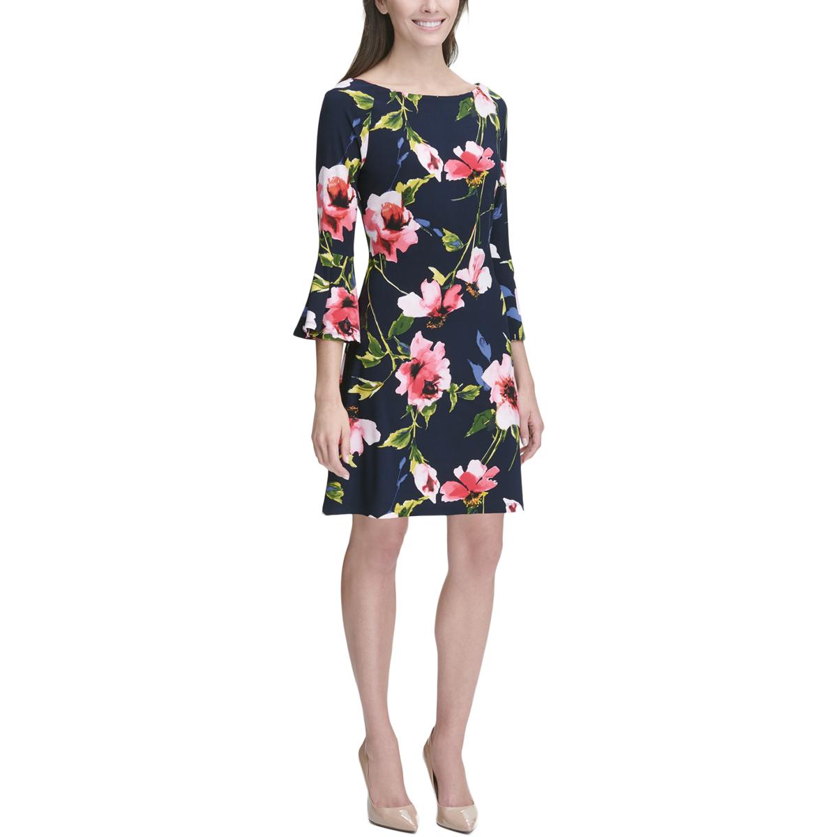 Tommy Hilfiger Womens Fresco Navy Flora Bell Sleeve Sheath Dress 2 Bhfo