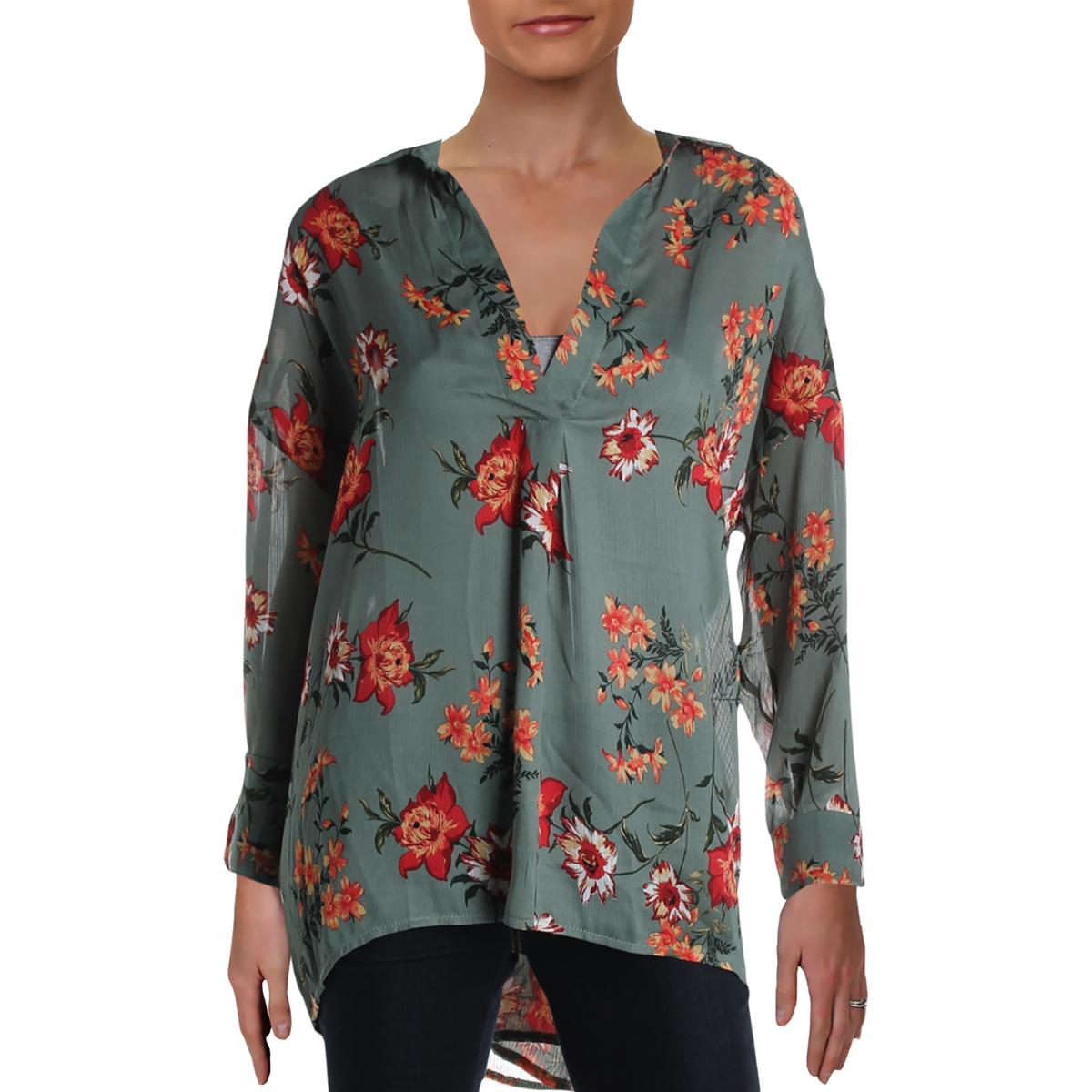 Beulah Womens Green Floral Print Hi-Low Long Sleeve Blouse Top F O/S ...