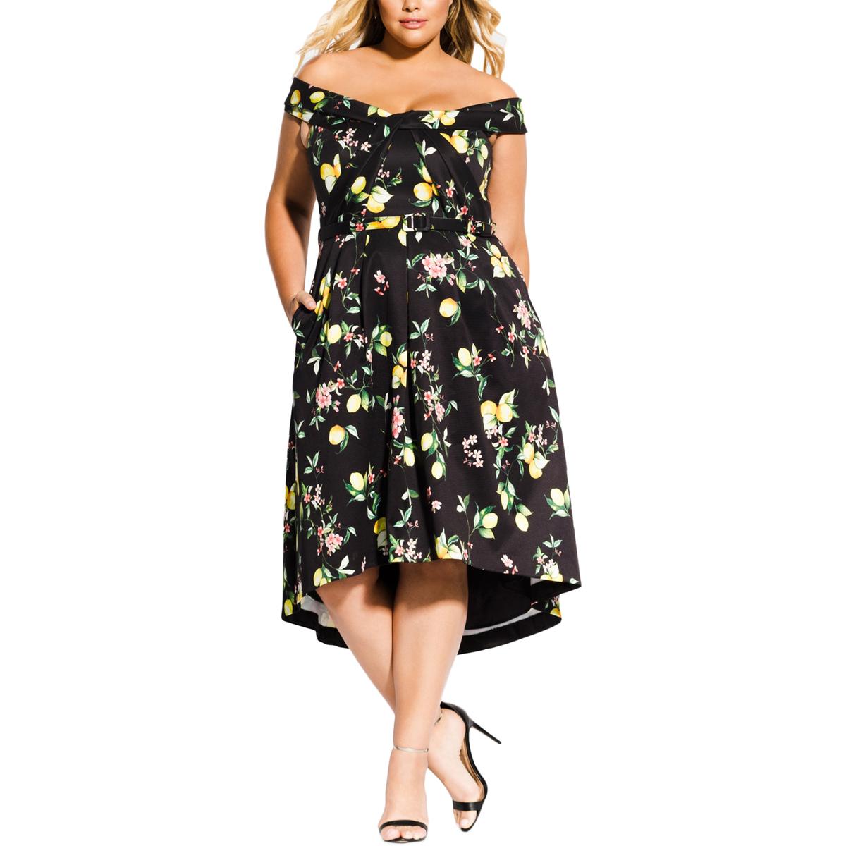 City Chic Womens Black Off The Shoulder Floral Midi Dress Plus 18 Bhfo