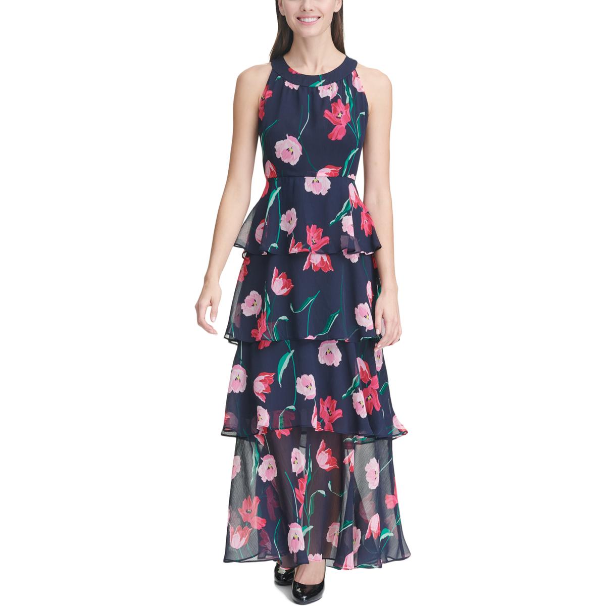 Tommy Hilfiger Womens Navy Floral Print Tiered Maxi Dress 10 Bhfo 5306